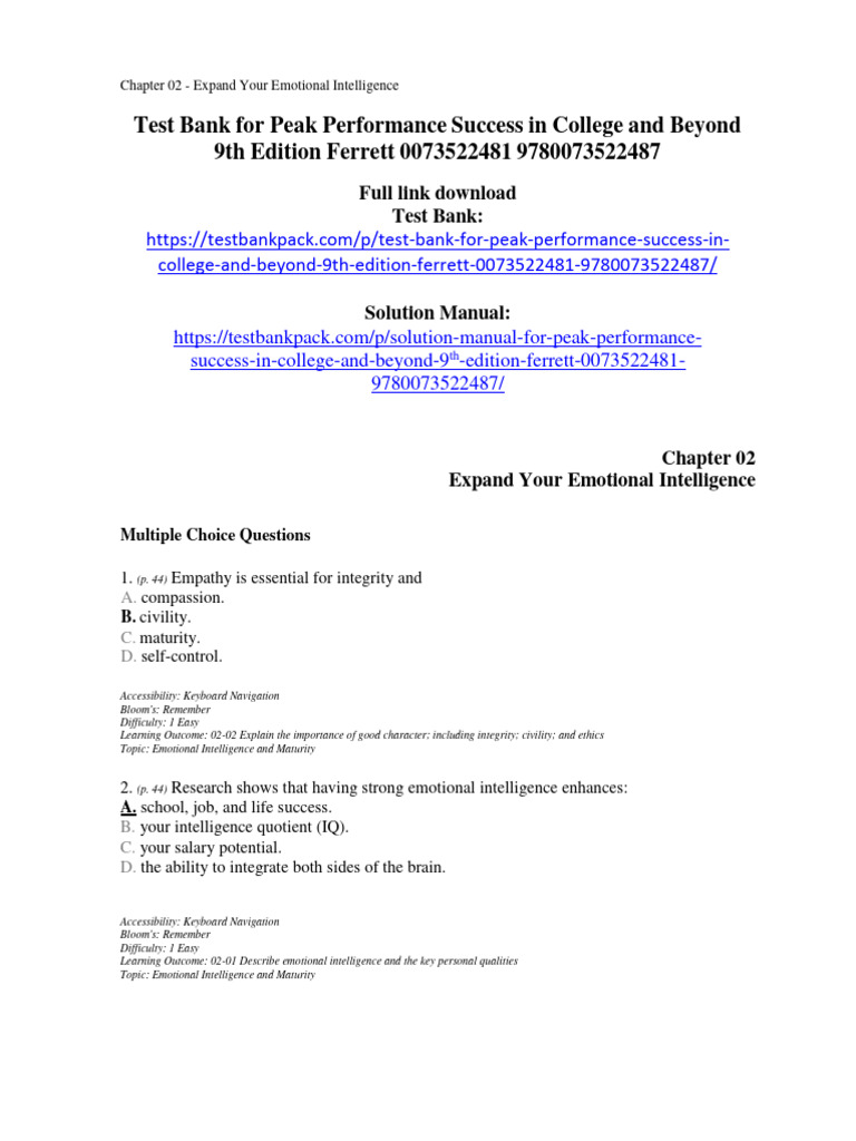 Test Bank For Peak Performance Success in College and Beyond 9th ...