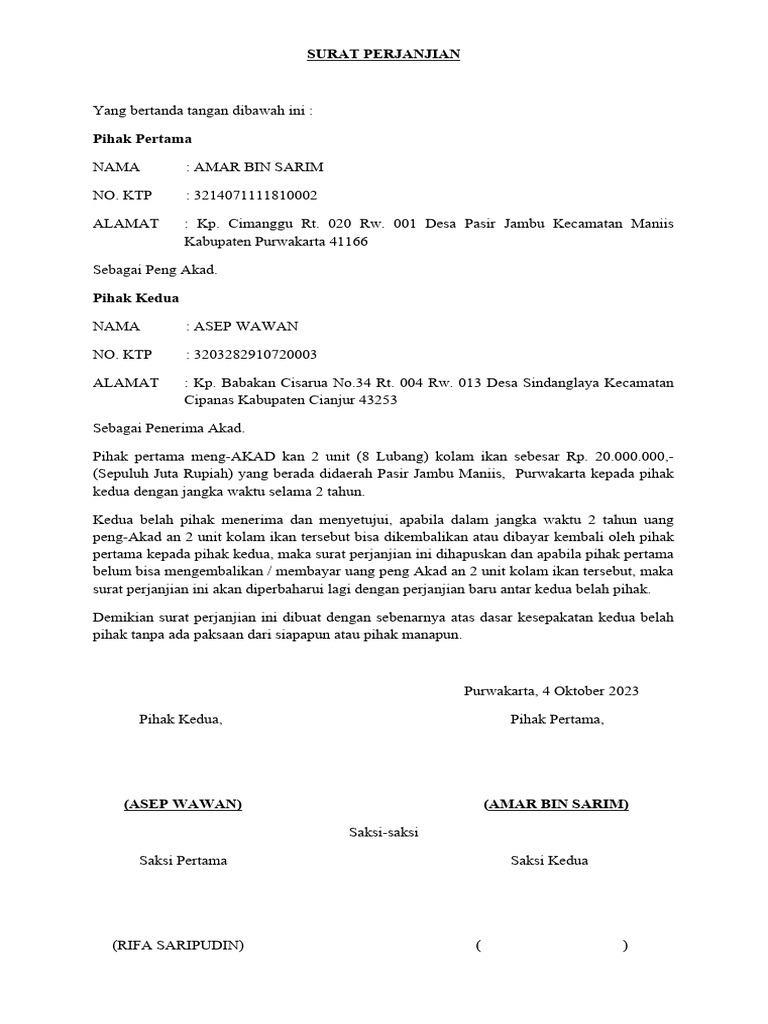 Surat Perjanjian Akad Kolam Ke 2 | PDF