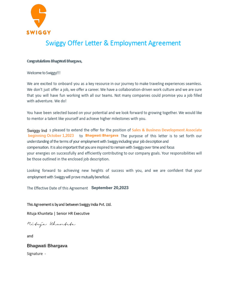 Swiggy Employment Offer Letter | PDF | Employment | Salary