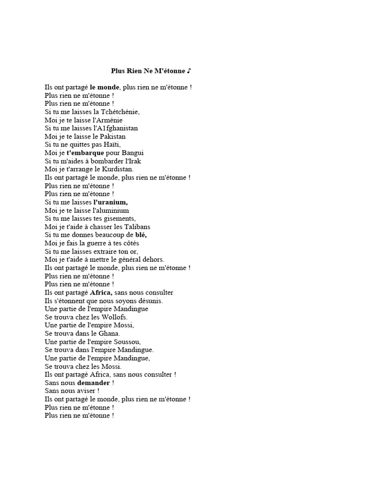 Plus Rien Ne M'étonne : Paroles et Thèmes | PDF