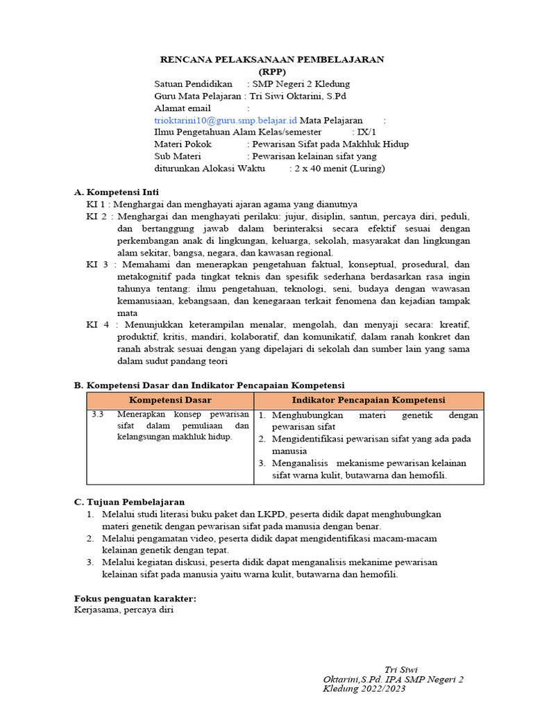 RPP Pewarisan Sifat Kelas 9 SMT 1 | PDF