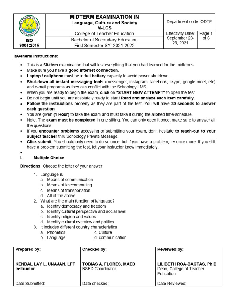 Midterm Examination In: College of Teacher Education Bachelor of ...