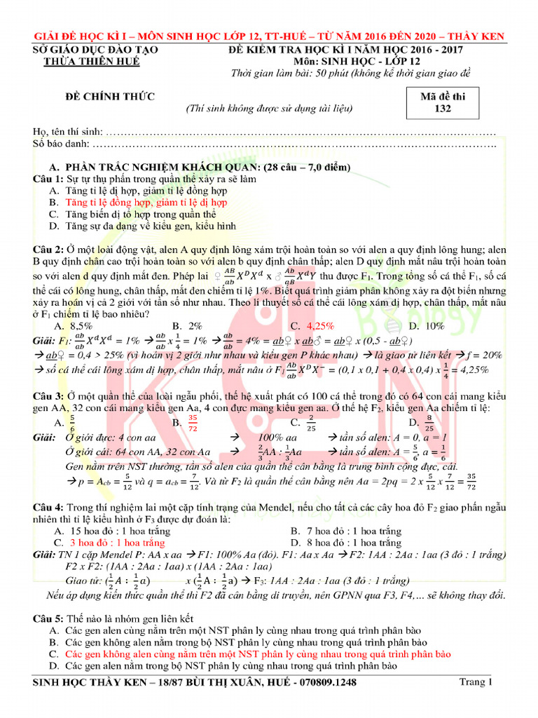 HK1 - SINH HỌC - HUẾ - 2016 - 2020 - THẦY KEN | PDF
