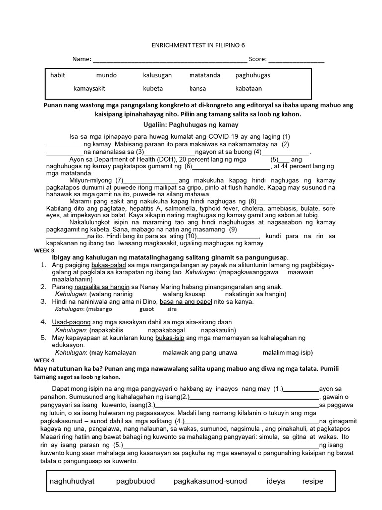 ENRICHMENT TEST IN Filipino 6 WEEK 3&4 | PDF ENRICHMENT TEST IN Filipino 6 WEEK 3&4 | PDF