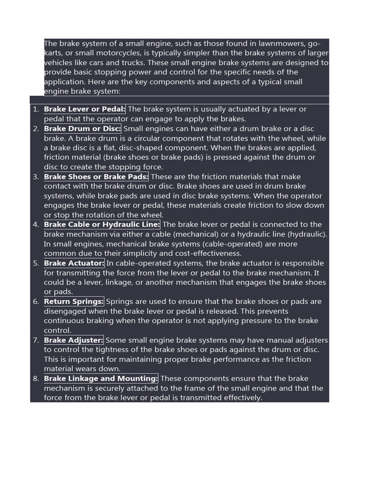 Small Engine Brake System Overview | PDF | Brake | Vehicles