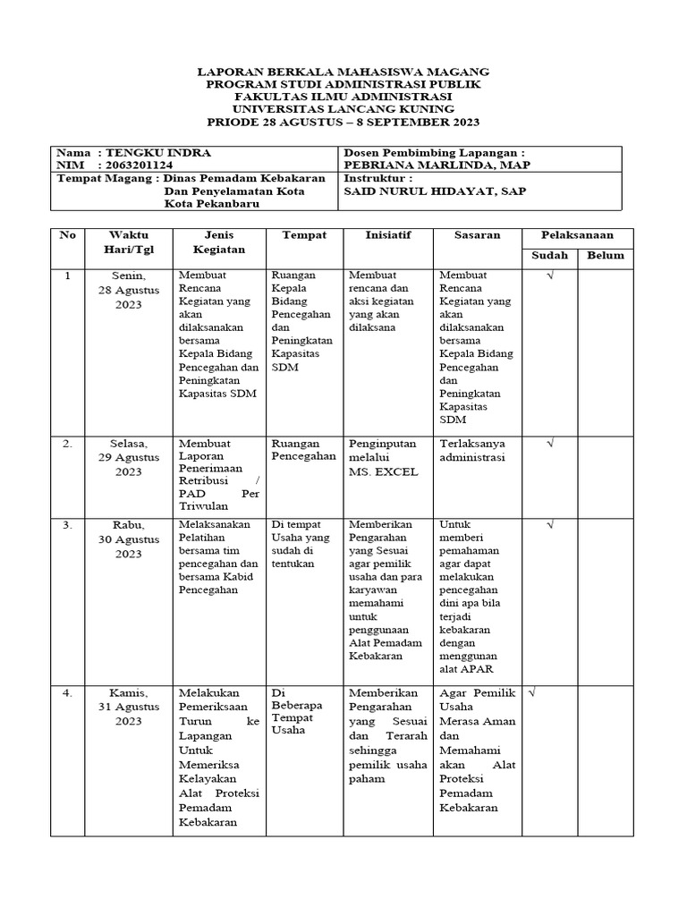 TENGKU INDRA LAPORAN BERKALA MAHASISWA MAGANG 28 Agus - 8 Sept 2023 | PDF