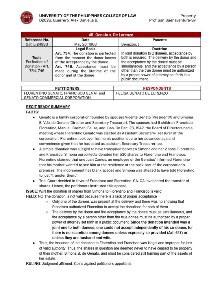 Genato v. de Lorenzo DIGEST | PDF