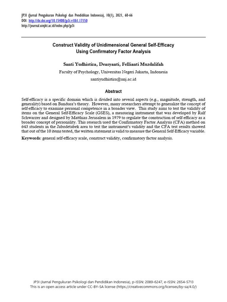 Construct Validity of Unidimensional General Self-Efficacy Using Confirmatory Factor Analysis ...