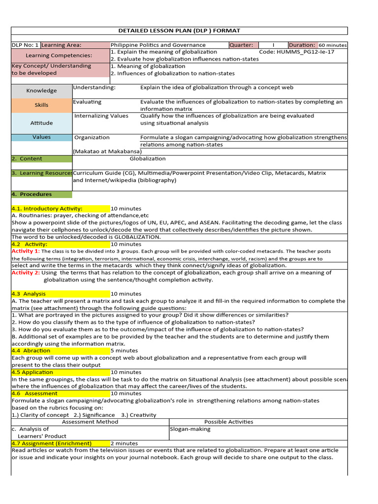 Detailed Lesson Plan (DLP) Format: 4. Procedures | PDF