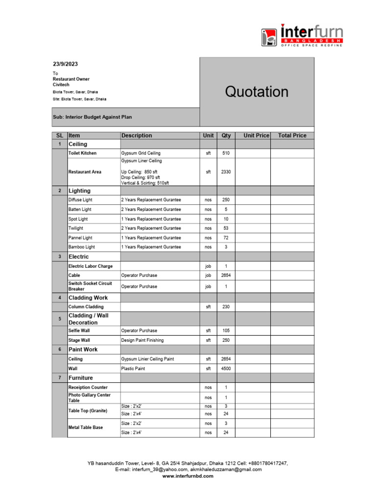 Restaurant Quotation Without Price | PDF