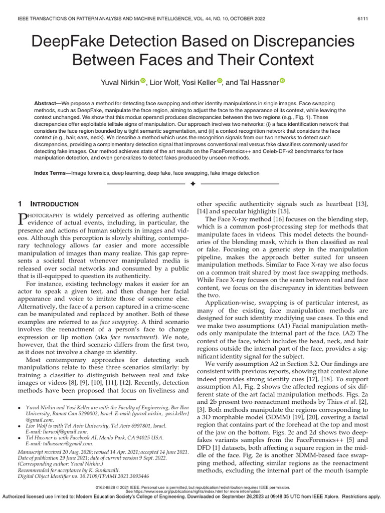 Deepfake Detection Based On Discrepancies Between Faces And Their Context Pdf