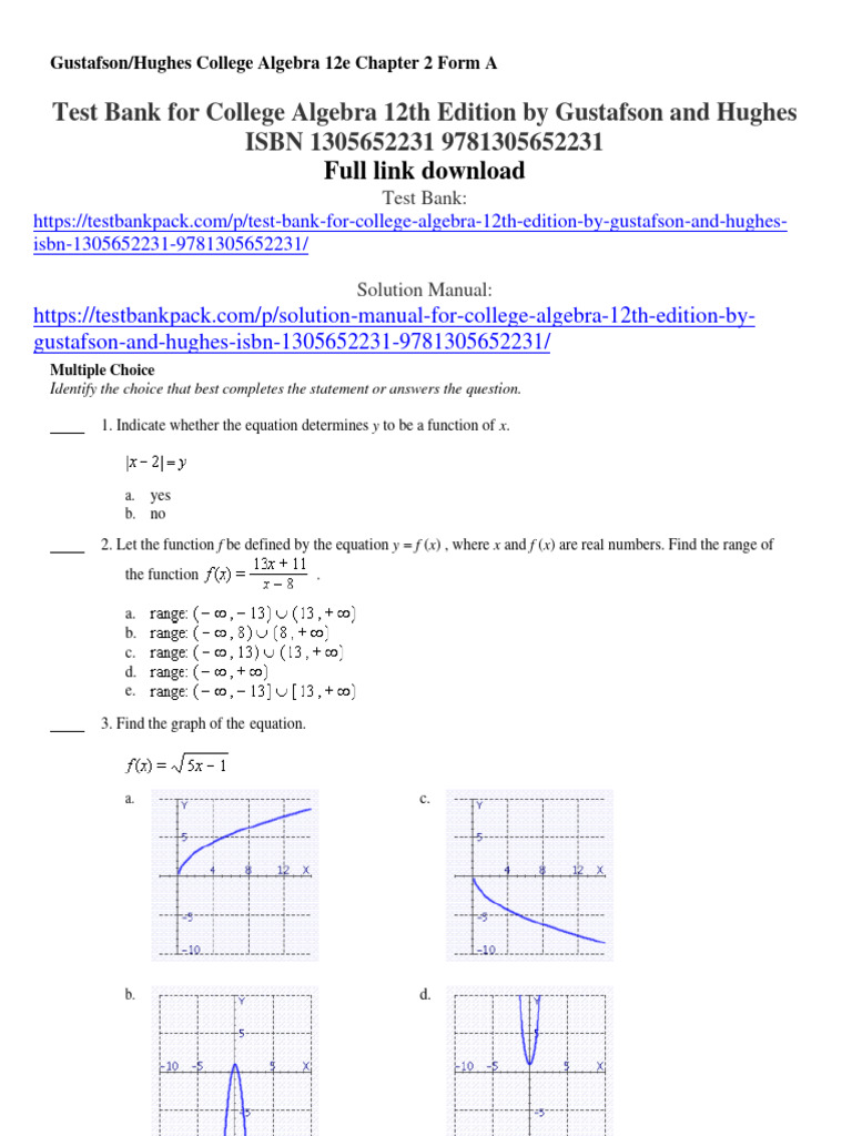 Test Bank For College Algebra 12th Edition by Gustafson and Hughes ISBN ...