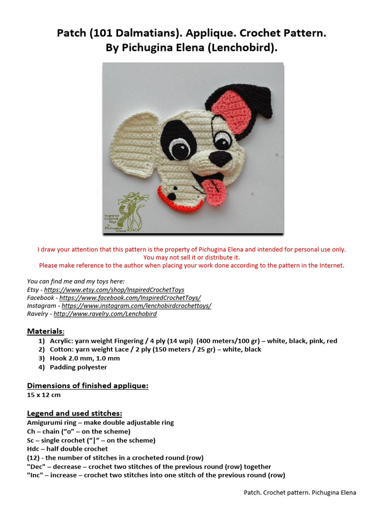Crochet Pattern for Patch (101 Dalmatians) | PDF | Home & Garden