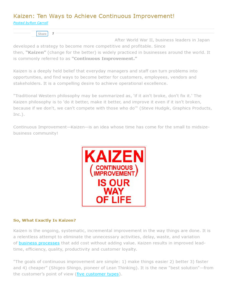 Kaizen - Ten Ways To Achieve Continuous Improvement! | PDF