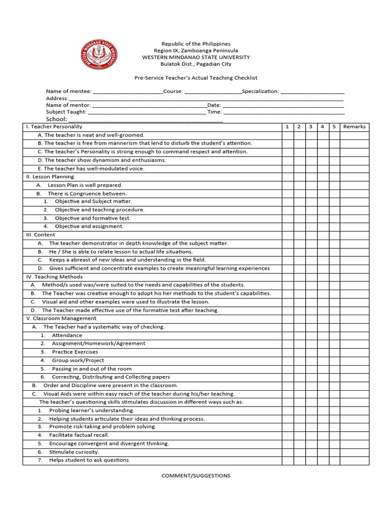 Pre Service Teachers Actual Teaching Checklist | PDF