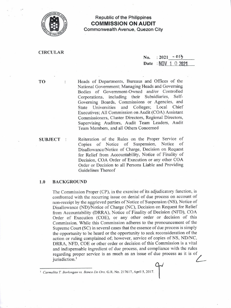 COA CIRCULAR NO. 2021 013 November 10 2021 | PDF