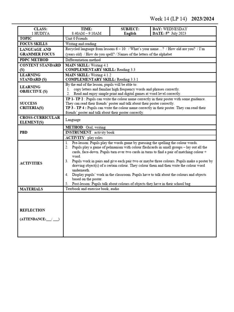 ENGLISH YEAR 1 TOPIC 0 LP 14 Writing and Reading | PDF