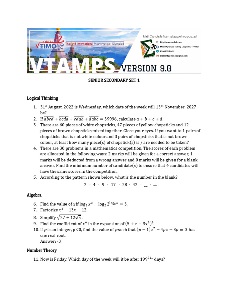 VTAMPS 9.0 Senior Secondary Set 1 1 | PDF