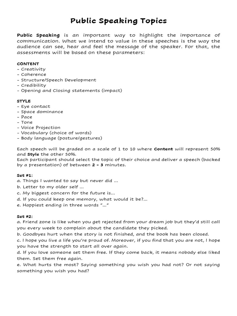 Engaging Public Speaking Topics Guide | PDF | Speech | Public Speaking