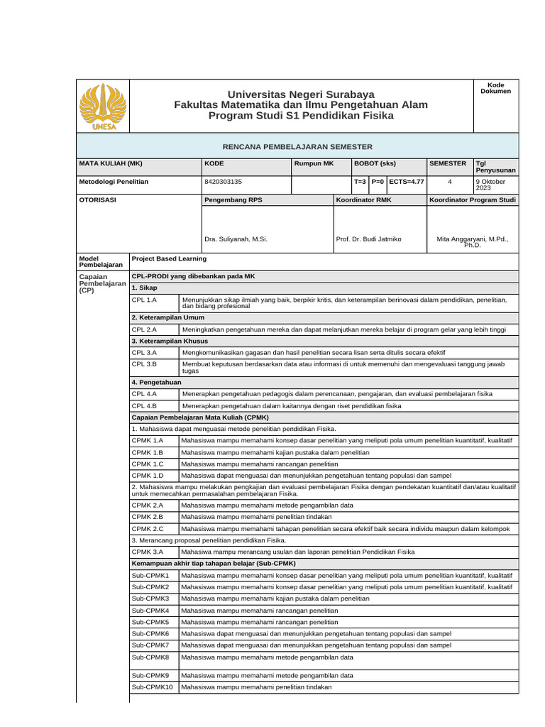 RPS Metodologi Penelitian | PDF