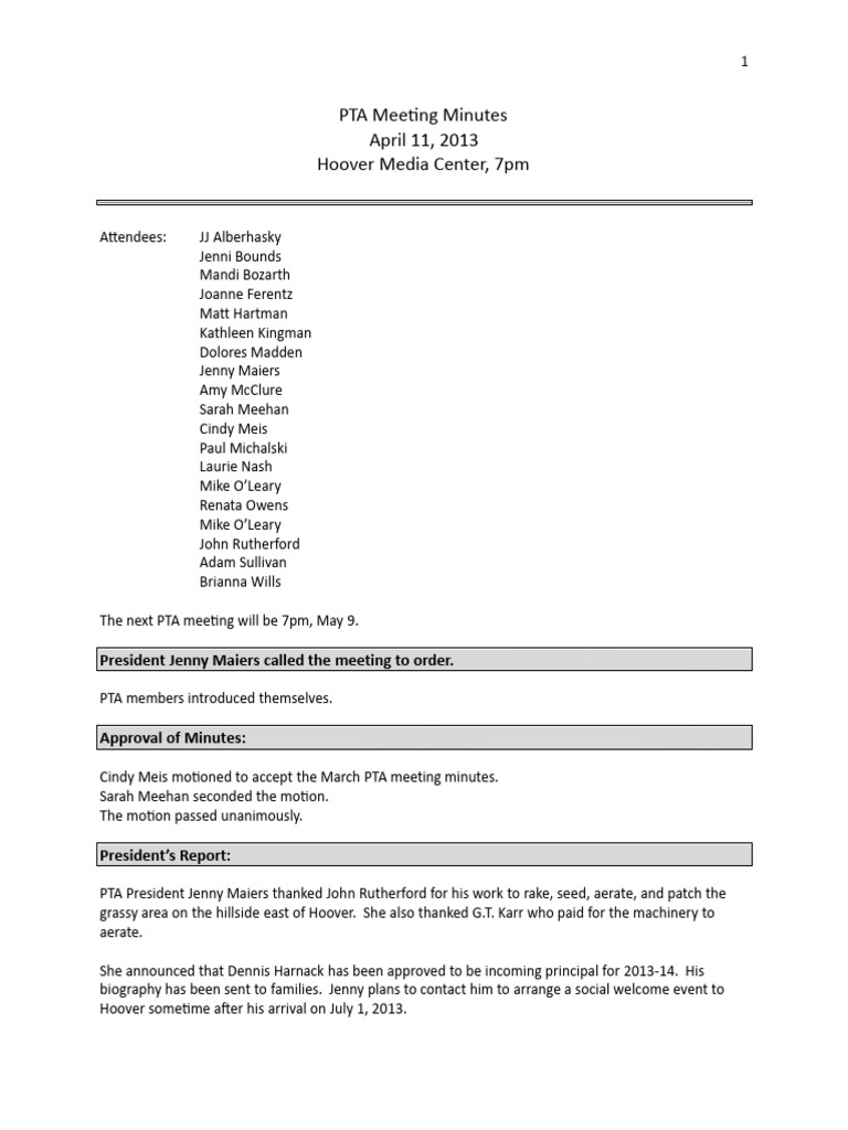 PTA Meeting Minutes 4-11-13 | PDF