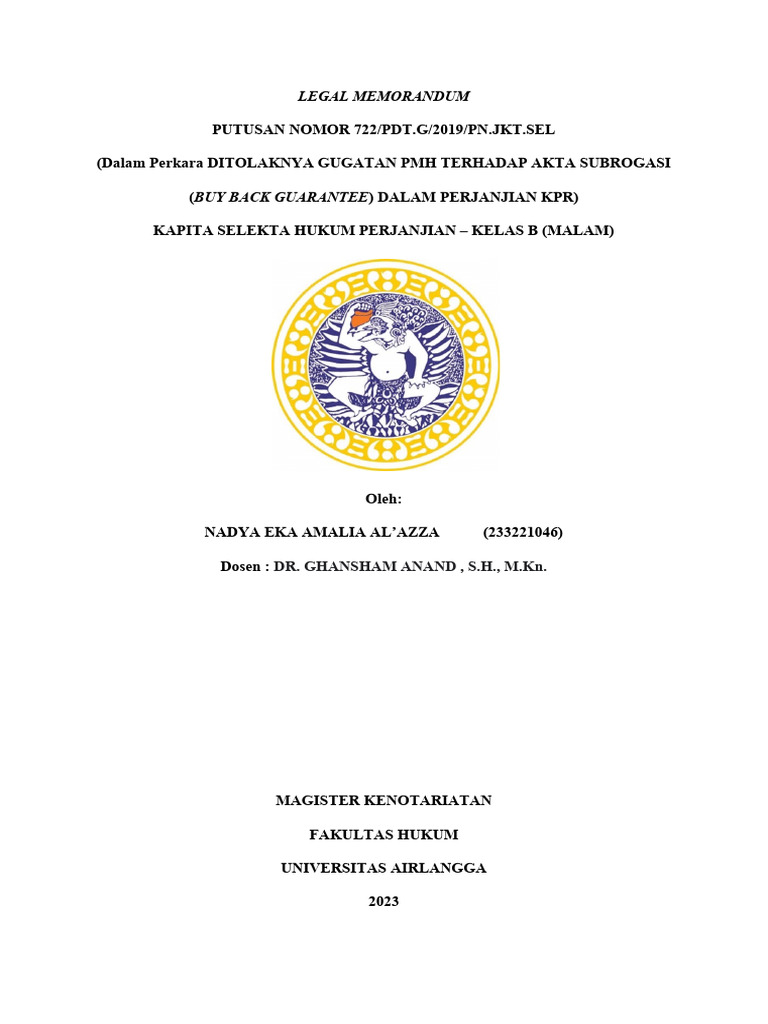 Legal Memo - Nadya Eka Amalia Al'Azza (233221046) | PDF | Hukum