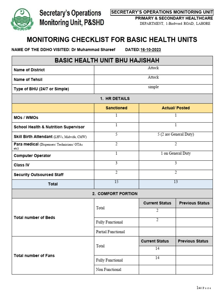 Checklist For BHUs-1 | PDF