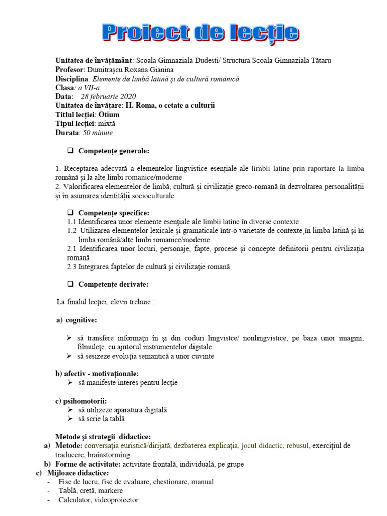 Proiect de Lectie Latina | PDF
