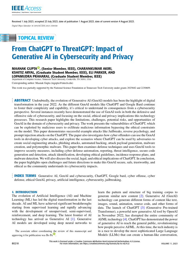 From Chatgpt To Threatgpt Impact Of Generative Ai In Cybersecurity And Privacy Pdf