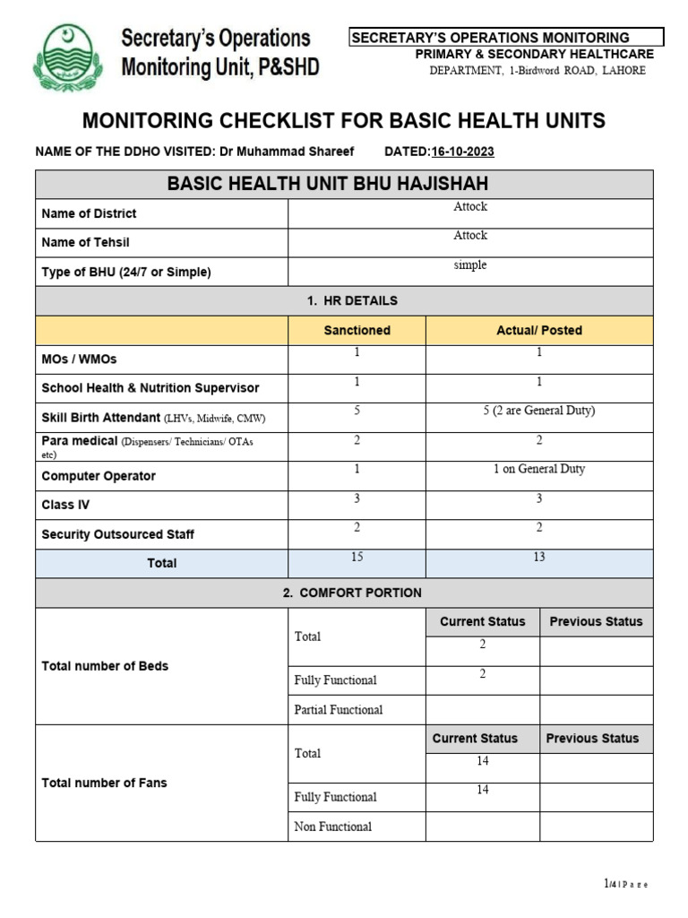 SOMU's Checklist For BHUs-1 | PDF