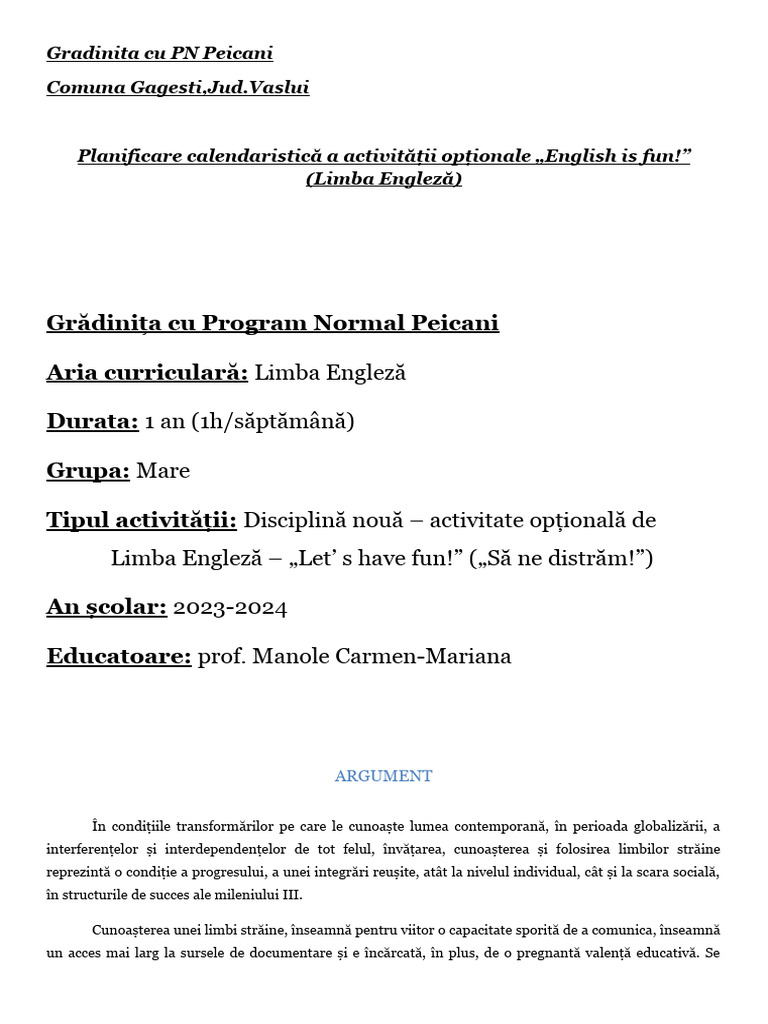 Obtional Limba Englez Bun Gradinita Bun | PDF