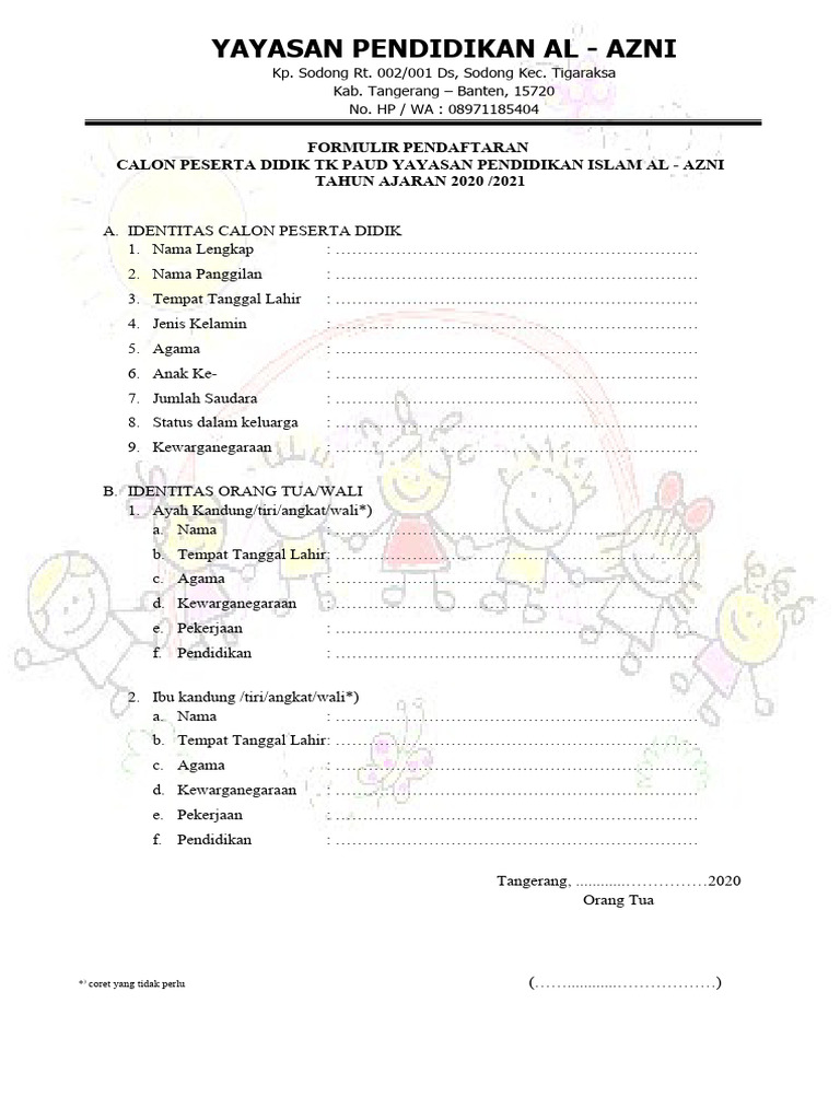 Formulir Pendaftaran Paud TK | PDF | Karier & Perkembangan | Game & Aktivitas