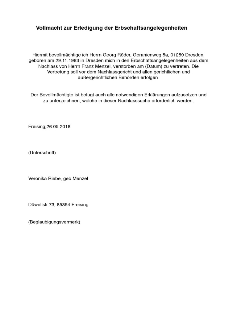 Vollmacht Zur Erledigung Der Erbschaftsangelegenheiten | PDF