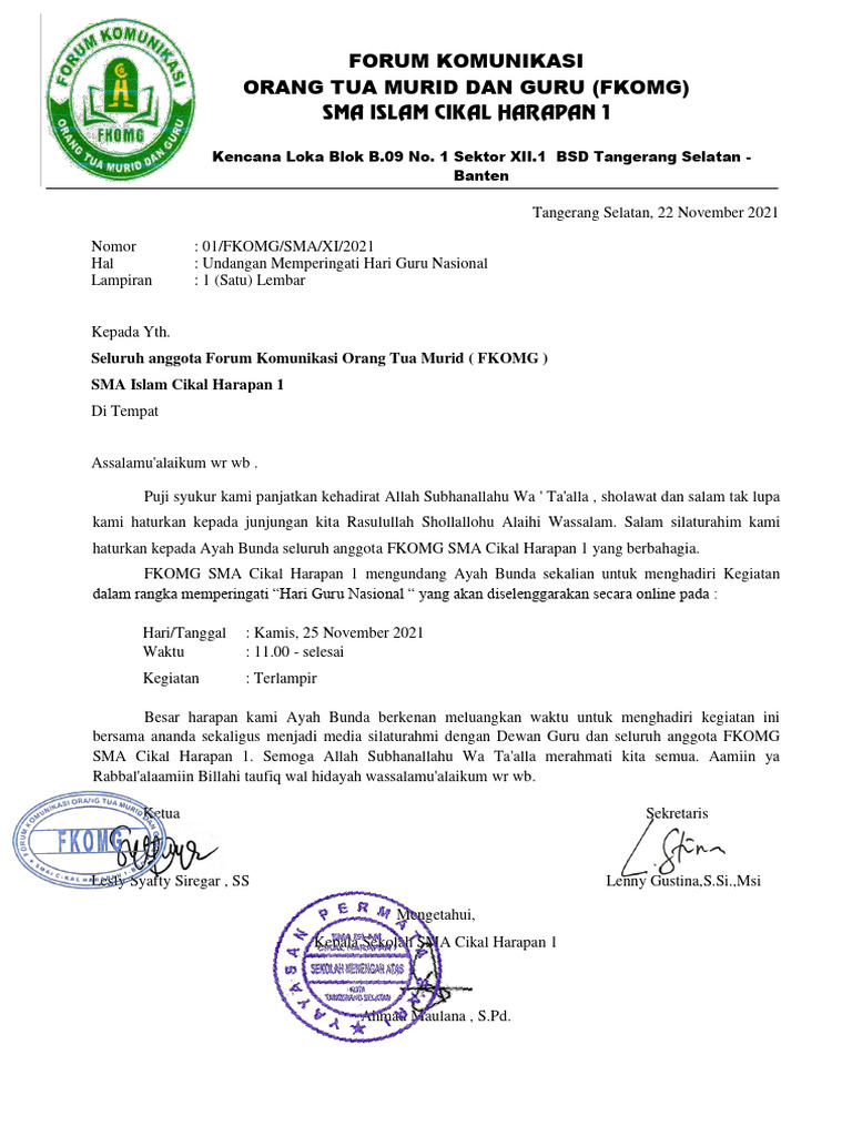 01 Surat Undangan Hari Guru Nasional 2021 | PDF