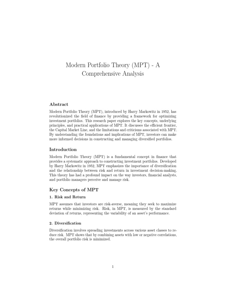Modern Portfolio Theory (MPT) - A Comprehensive Analysis | PDF