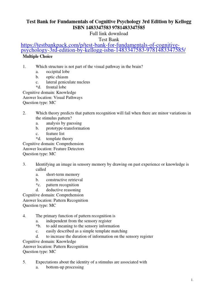 Test Bank For Fundamentals of Cognitive Psychology 3rd Edition by ...