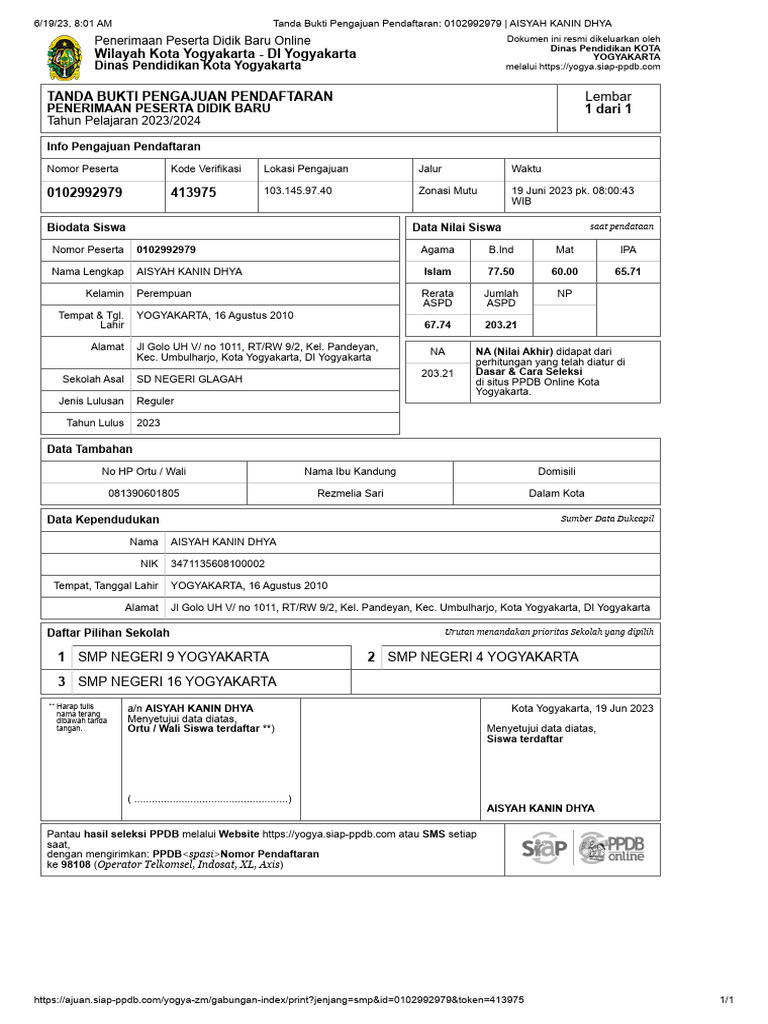 Tanda Bukti Pengajuan Pendaftaran - 0102992979 - AISYAH KANIN DHYA 9 4 16 | PDF
