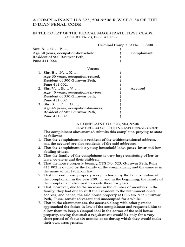 A Complainant U.S 323, 504,& 506 R.W SEC.34 of The Indian Penal Code ...
