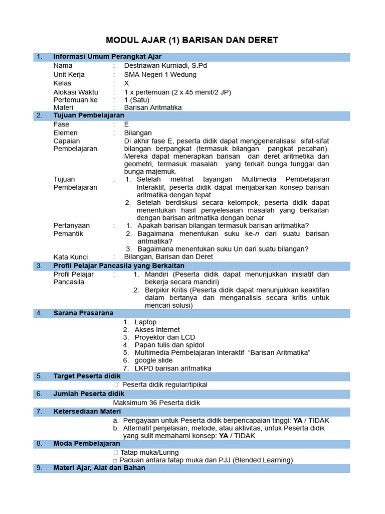 3b. MODUL AJAR (RPP) BARISAN ARITMATIKA DENGAN MPI | PDF