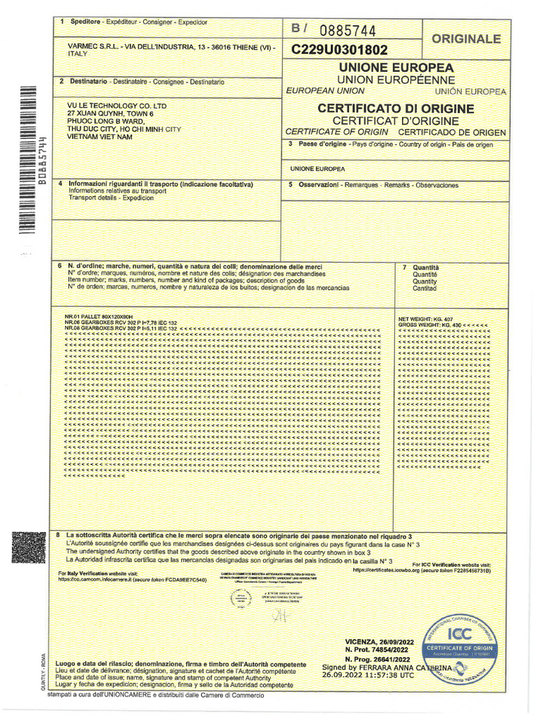 Certificate of Origin Varmec Gearbxo Italy | PDF