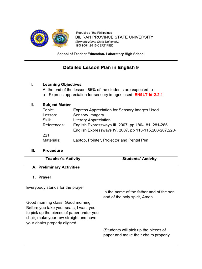 Detailed Lesson Plan For Demonstration | PDF | Senses | Cognition