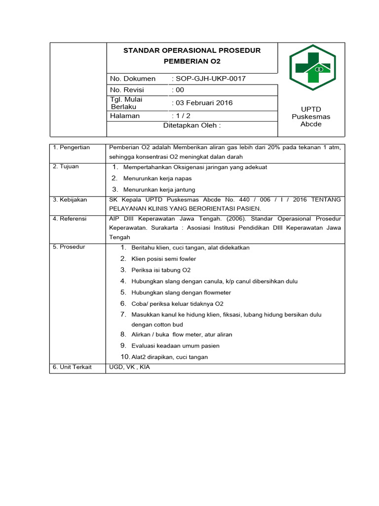 SOP Pemberian O2 | PDF