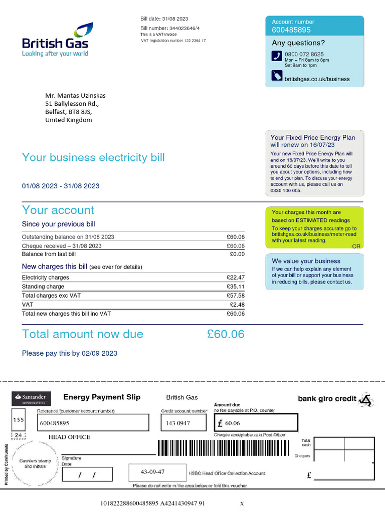 British Gas Bill 31-08-2023 | PDF | Cheque | Payments
