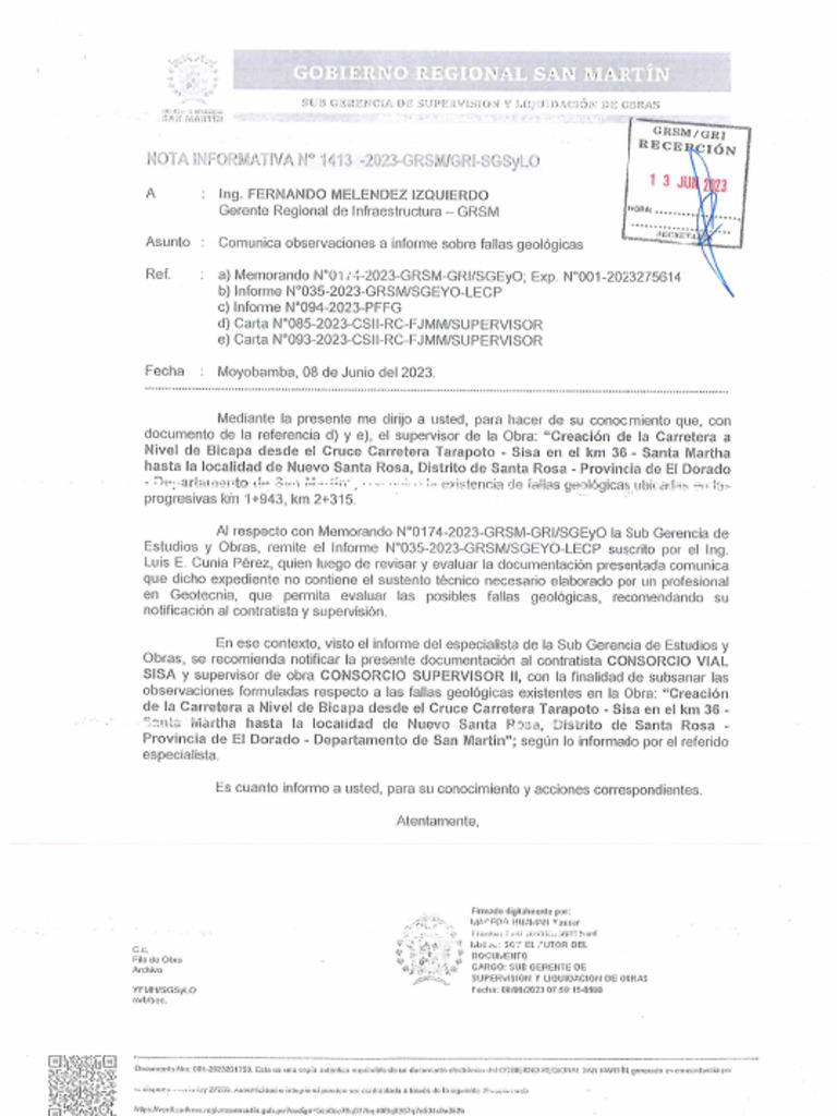 NOTA INFORMATIVA N°1413-2023-GRSM-GRI-SGSyLO Y ANEXOS | PDF