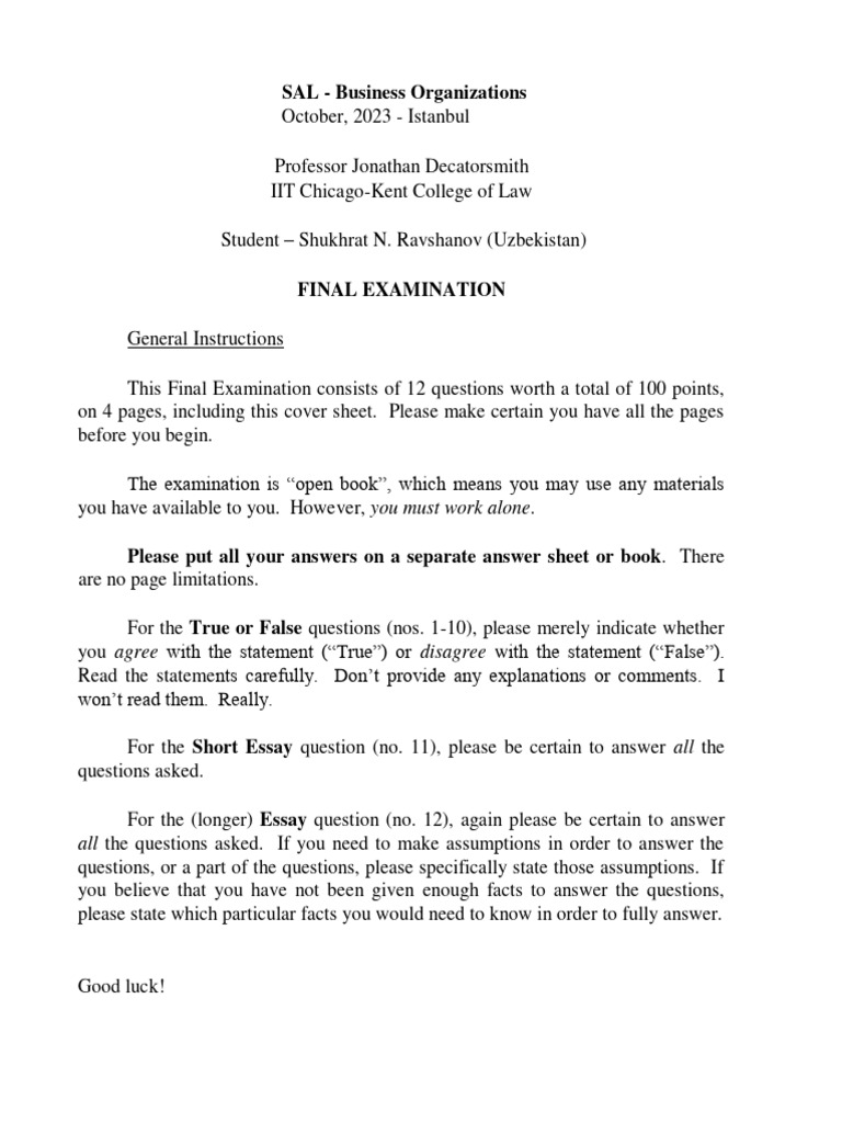Business Organizations Exam Guide | PDF | Finance & Money Management