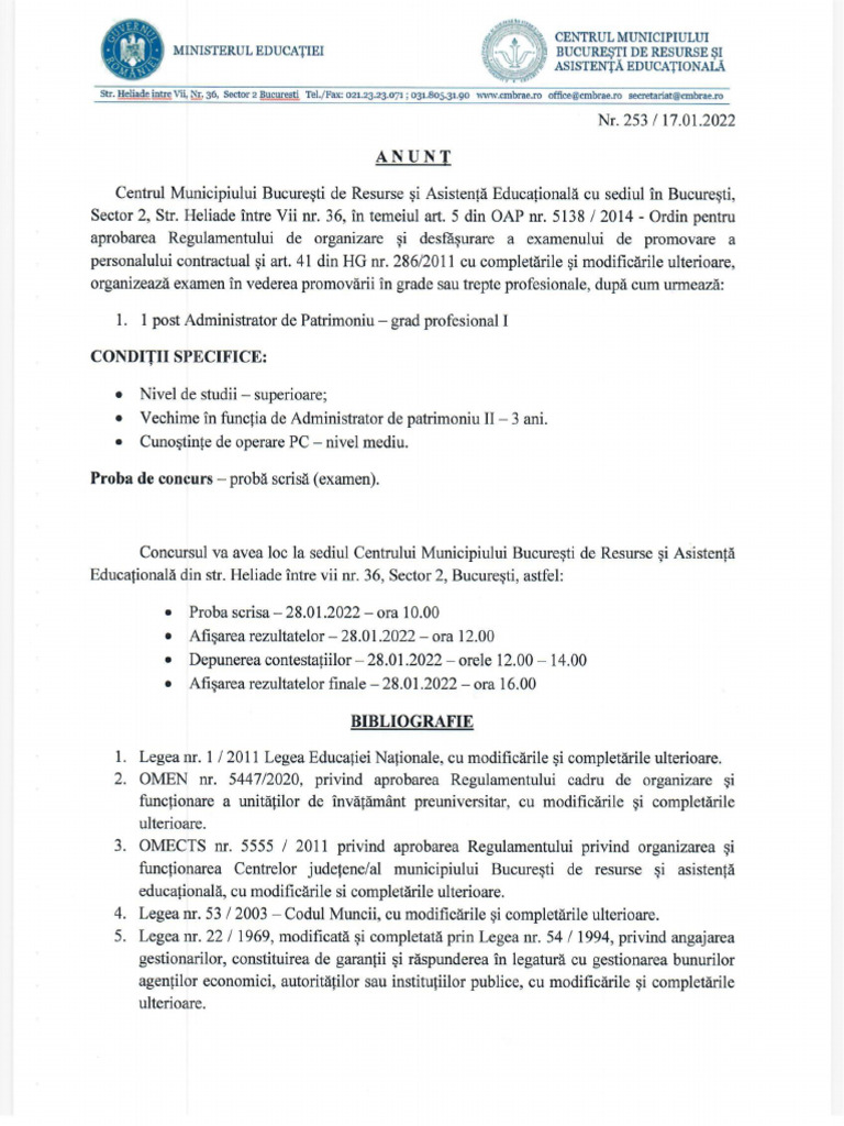 Anunt Examen Promovare in Grade Sau Trepte Profesionale Adminstrator ...