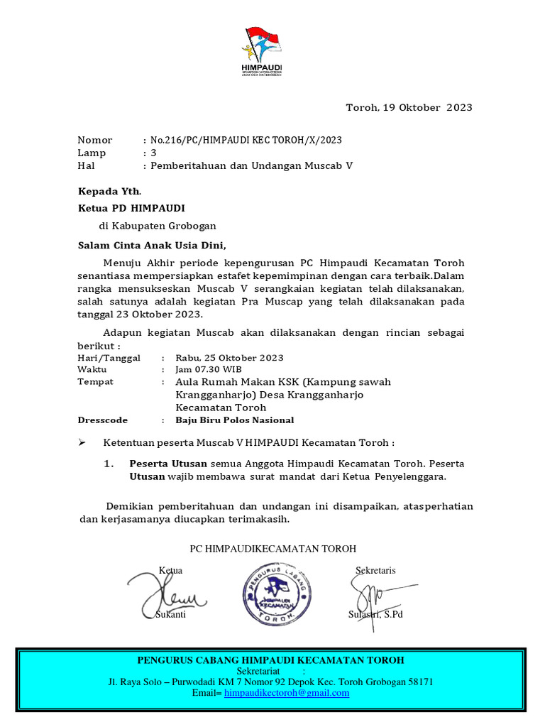 Undangan Muscab V HIMPAUDI Toroh | PDF