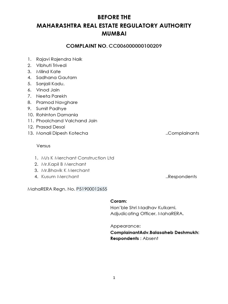MahaRERA Order on Flat Purchase Dispute | PDF | Law | Finance & Money ...