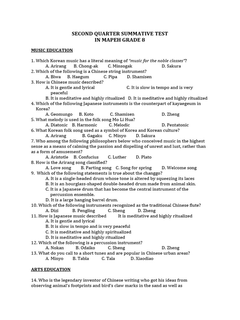 Second Quarter Summative Test in Mapeh Grade 8 | PDF