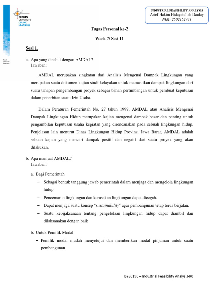 Tugas Personal Ke-2 Week 7/ Sesi 11 Soal 1.: Arief Hakim Hidayatullah Daulay | PDF
